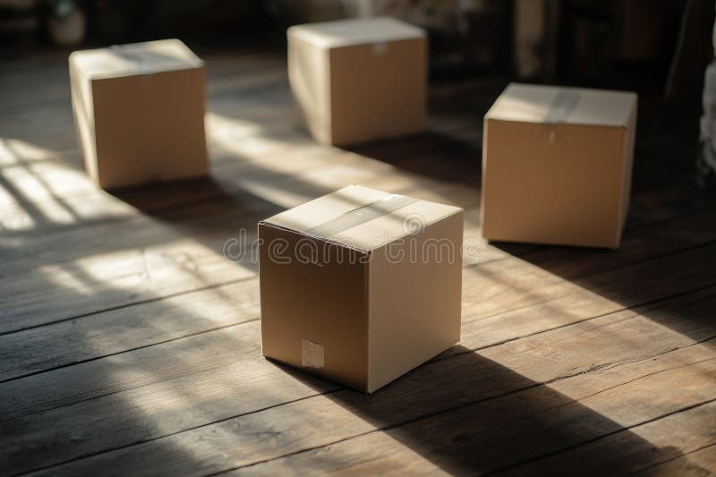 Empty Cardboard Moving Boxes on Wooden Floor with Sunlight Streaming ...