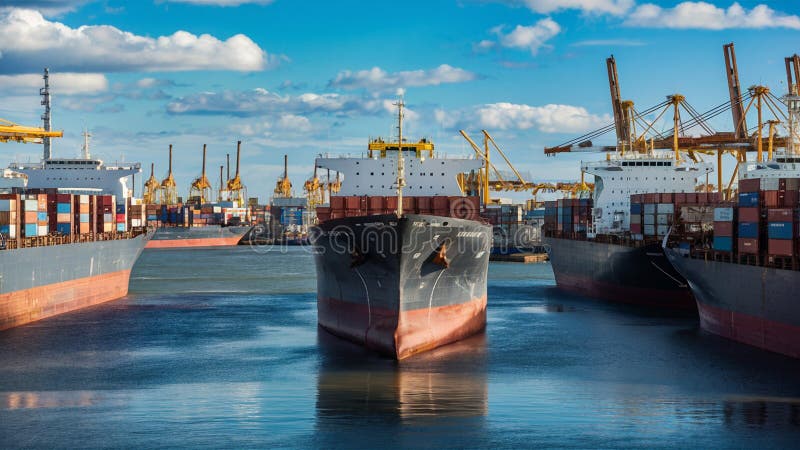 Empty Cargo Ships at a Busy Port with Cranes and Containers Stock ...