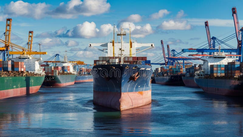 Empty Cargo Ships at a Busy Port with Cranes and Containers Stock ...