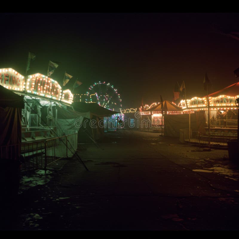 Empty Carnival at Night: Dark and Colorful Illuminated Ferris Wheel and ...