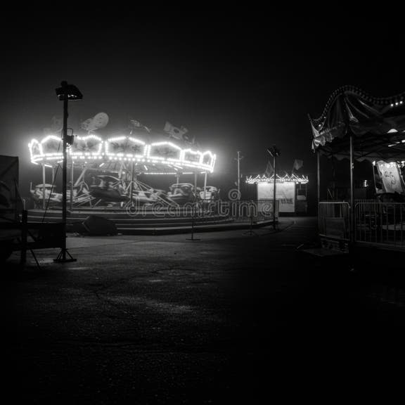 Empty Carousel at Night in Black and White Stock Illustration ...