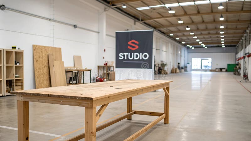 Empty Carpentry Workshop Background. Wooden Table and Modern Studio ...