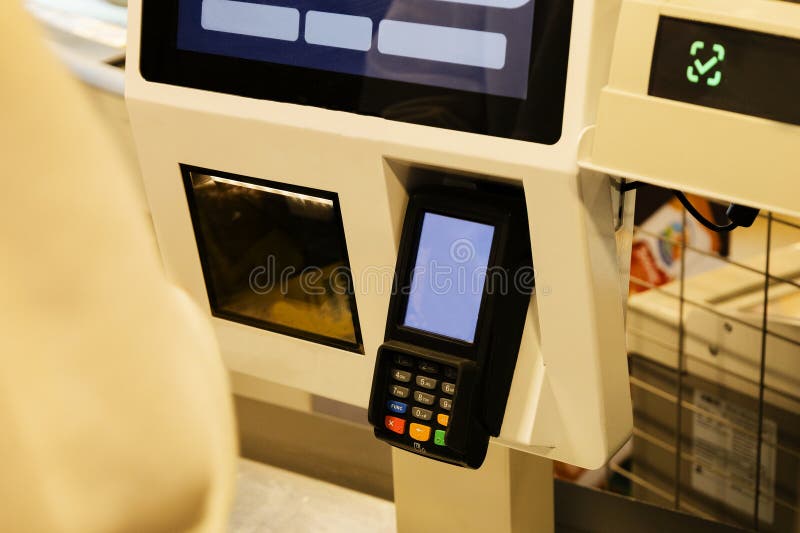 Empty Cash Desk with Computer Screen and Card Payment Terminal on ...