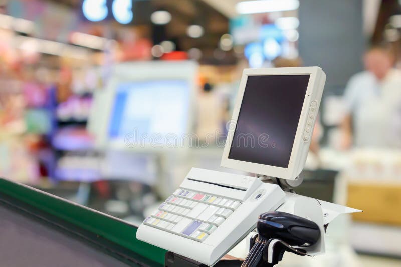 Empty Cashier Checkout Desk with Terminal in Supermarket Stock Image ...