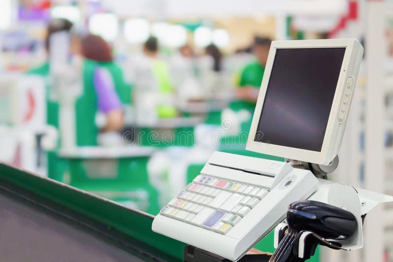 Cashier Checkout Desk with Terminal in Supermarket Stock Image - Image ...