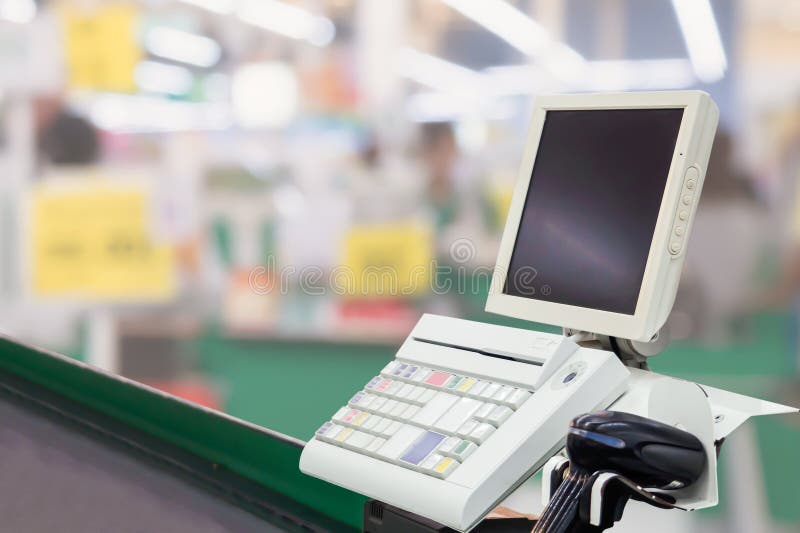 Cashier Checkout Desk with Terminal in Supermarket Stock Image - Image ...