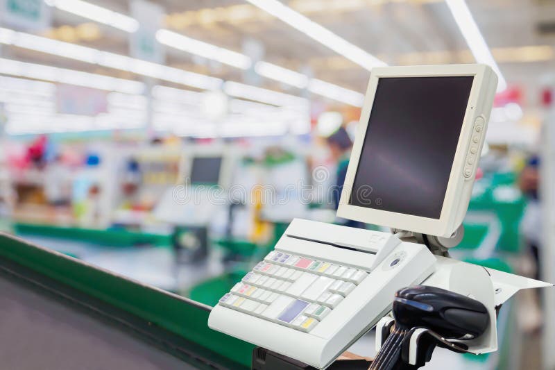 Empty Cashier Checkout Desk with Terminal in Supermarket Stock Image ...