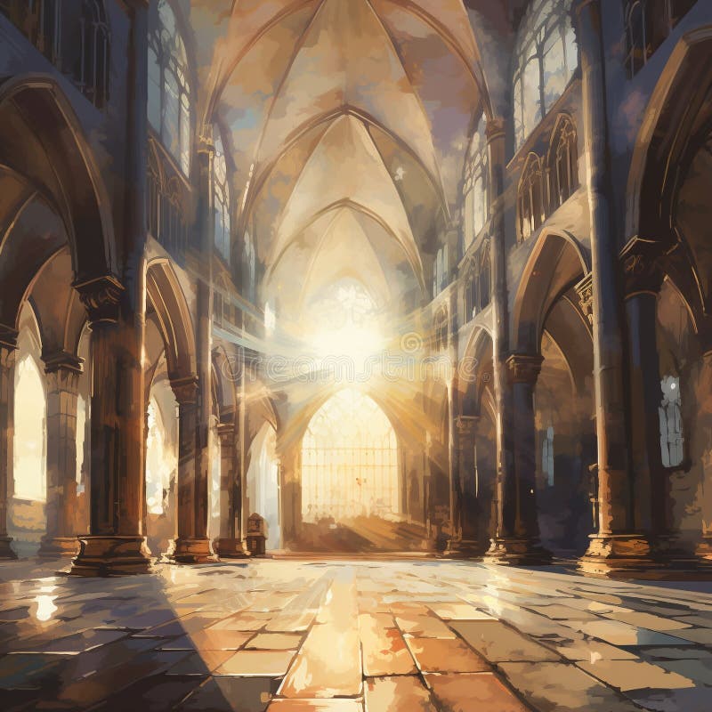 Empty Cathedral Bathed in Sunlight Stock Illustration - Illustration of ...