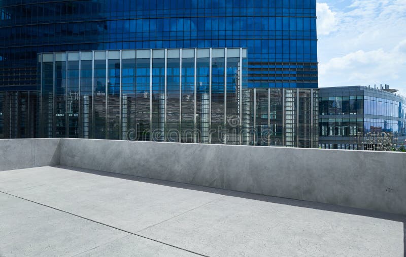 Empty Cement Balcony with Blue Glass Facade Office Building Stock Image ...