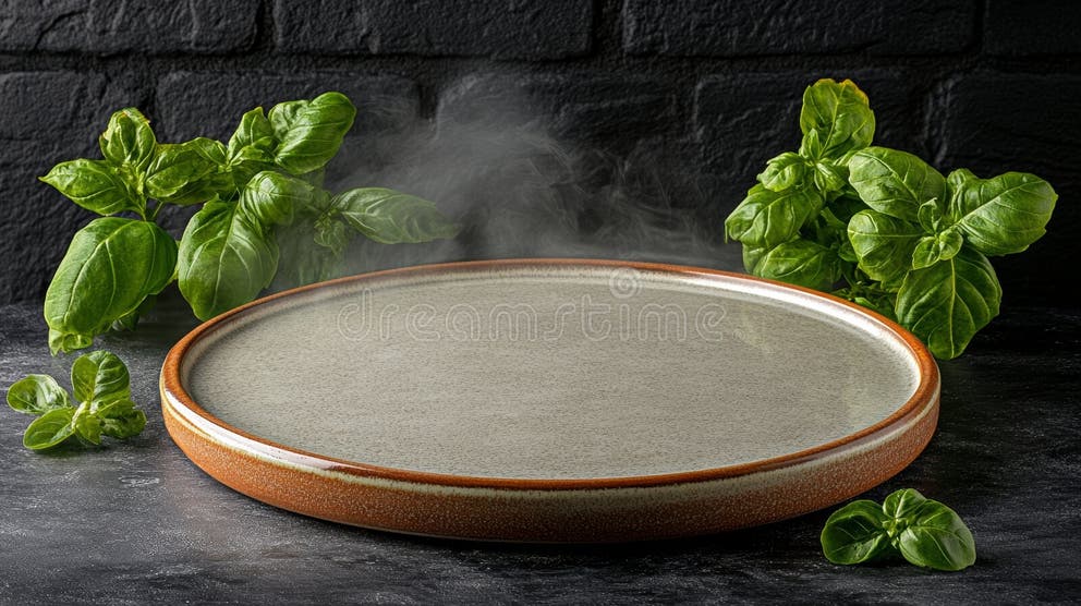 Empty Ceramic Plate with Fresh Basil Leaves and Steam on Black ...