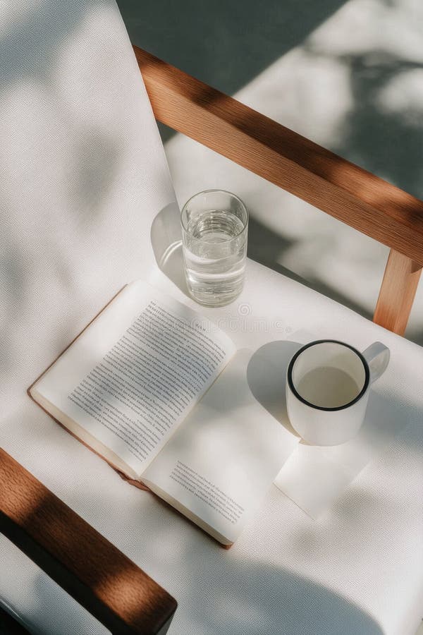 Empty Chair with Open Book, Notebook, Water Glass on Seat in Sunlight ...