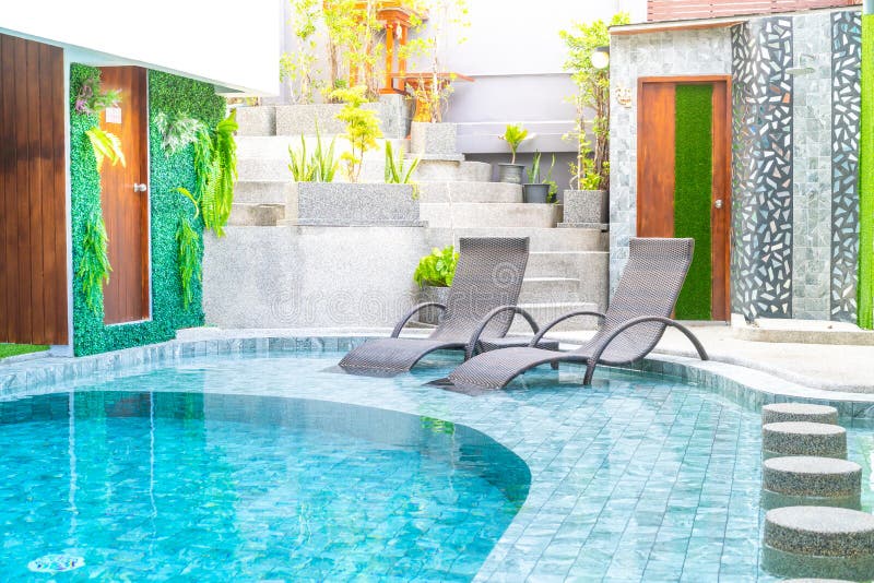 Empty Chair Pool Around Swimming Pool Stock Photo - Image of luxury ...