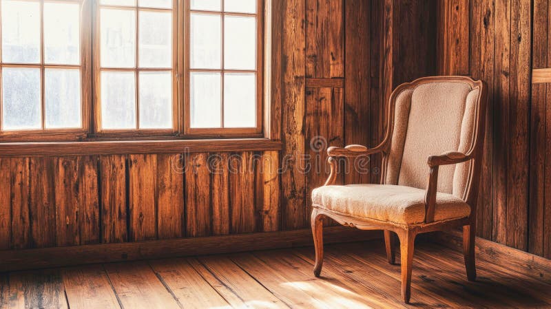 An Empty Chair in a Sunlit Old Wooden Room Evokes a Feeling of Solitude ...
