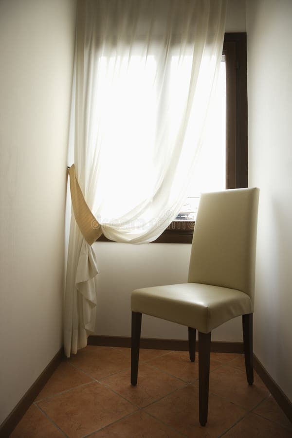 Empty Chair by Window with Drapes. Stock Image - Image of curtain ...