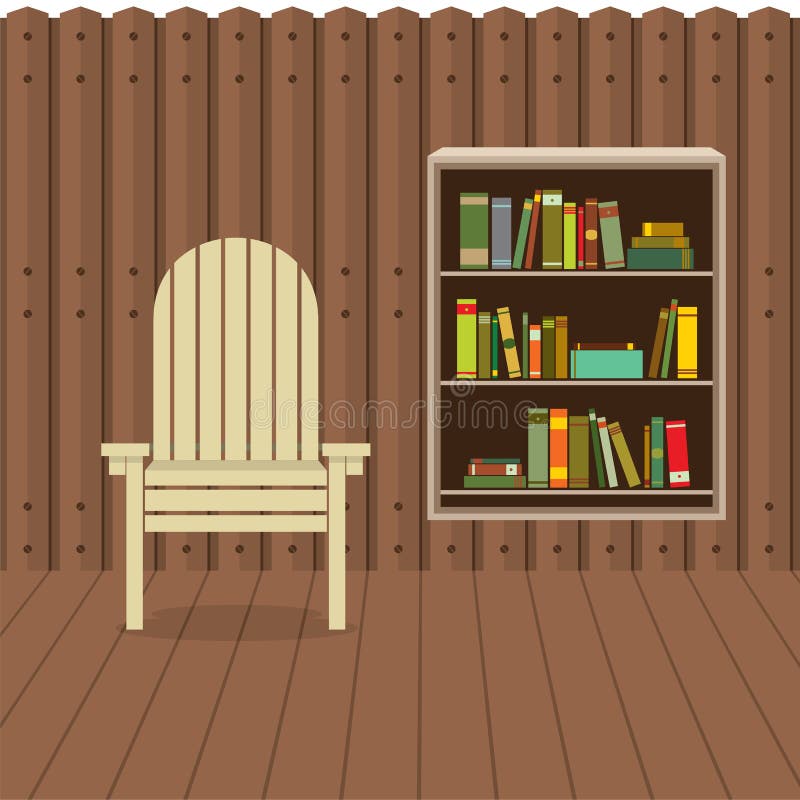 Empty Chair on Wood Wall and Ground with Bookcase beside Stock Vector ...
