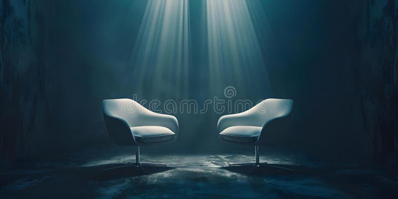 Empty Chairs in a Dark Studio Set for an Interview Podcast Featuring AI ...