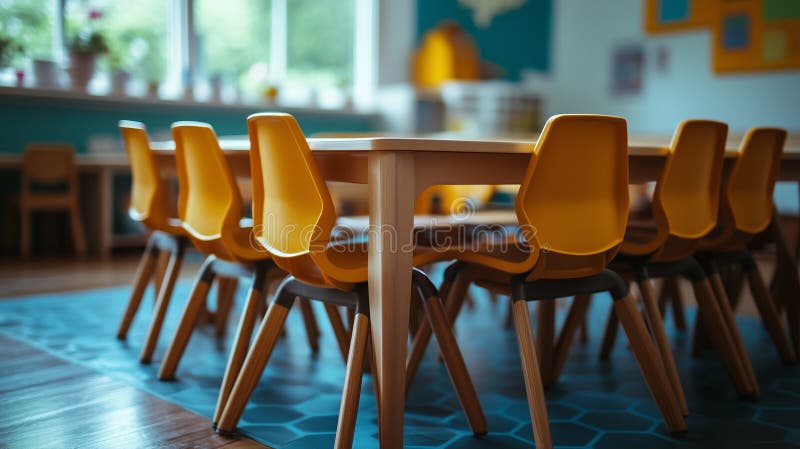 Empty Chairs and a Honeycomb-shaped Table Sit in a Quiet Kindergarten ...