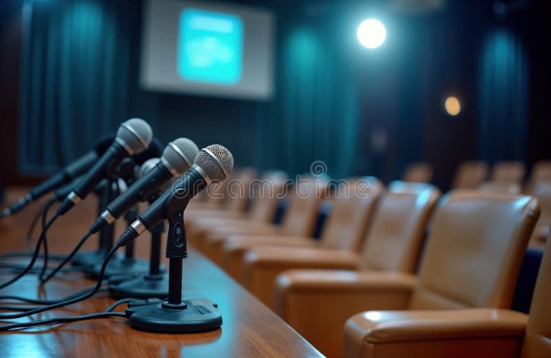 Empty Chairs, Microphones on Press Conference Table Inside Meeting Room ...