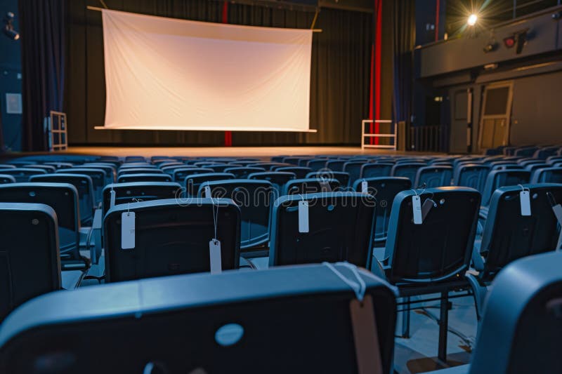 Empty Chairs with Press Tags, Stage with a Blank Banner Stock Image ...