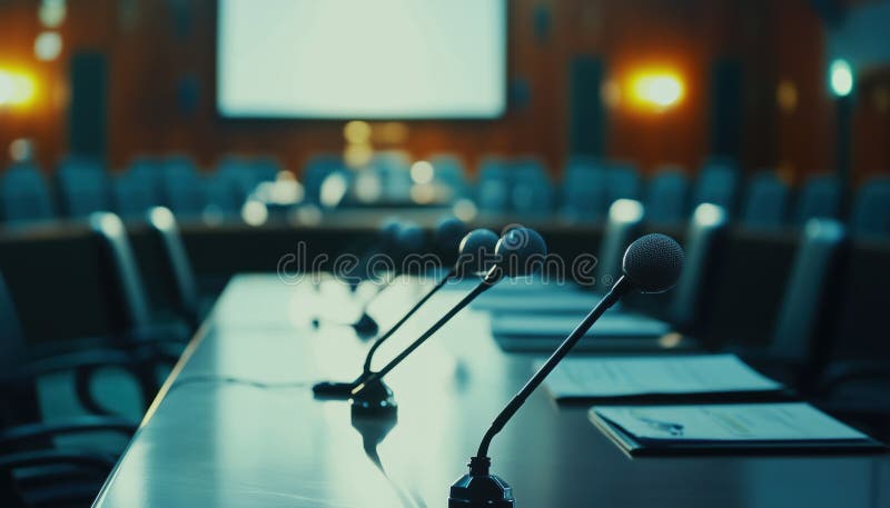 Empty Chairs Surrounding a Press Conference Table with Microphones Set ...