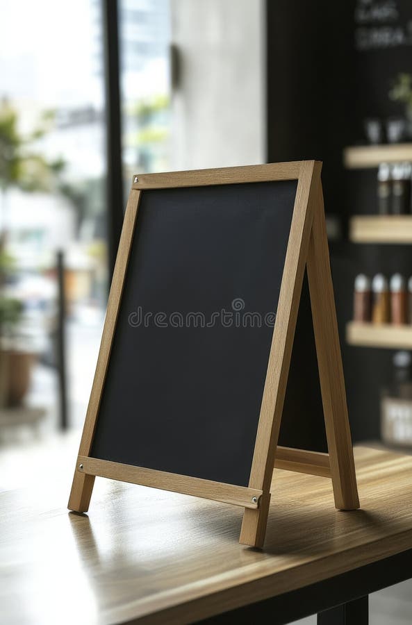 Empty Chalkboard Sign on Wooden Stand in Modern Cafe Interior Stock ...