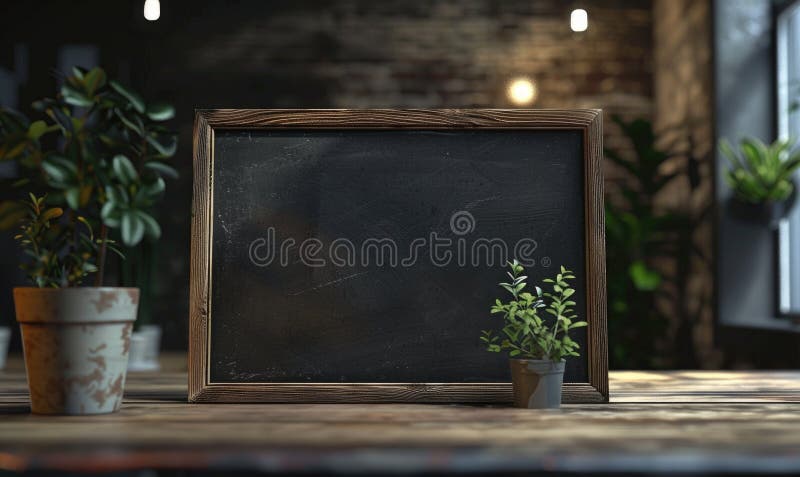 Empty Chalkboard on Wooden Table in Coffee Shop Stock Image - Image of ...