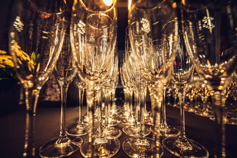 Empty Champagne Glasses in Row on Evening Event Party Waiting for the ...
