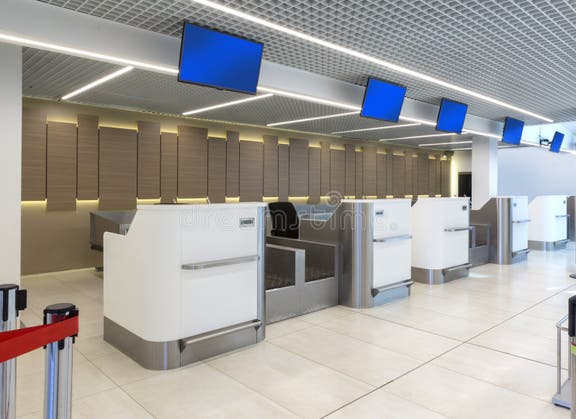 Empty Check-in Desks with Computers Stock Image - Image of departure ...