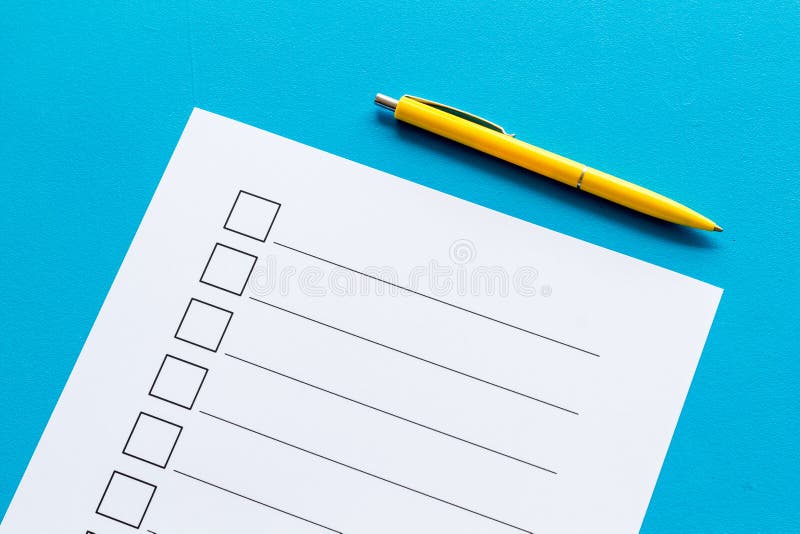 Empty Check List Ready To Fill On Blue Background Top View Stock Photo ...