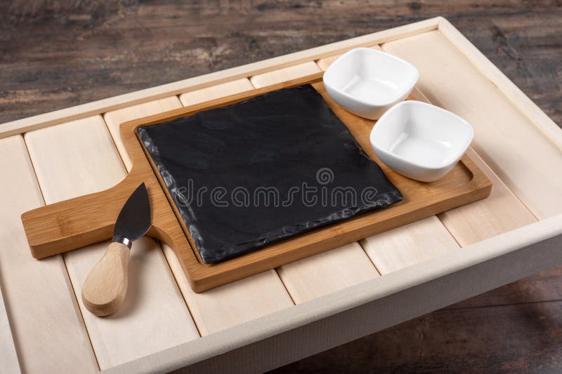 Empty Cheese Serving Board on Wooden Rustic Background. Wooden Tray for ...