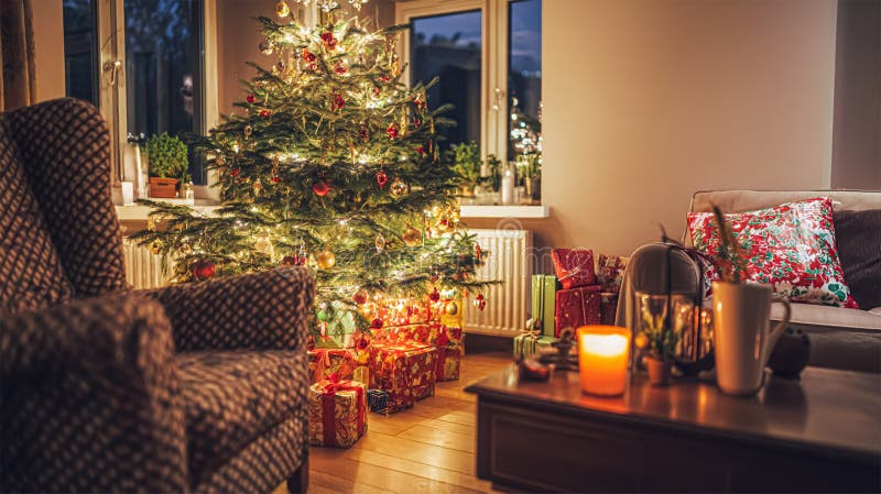 Empty Christmas Table Background with Christmas Tree Out of Focus for ...