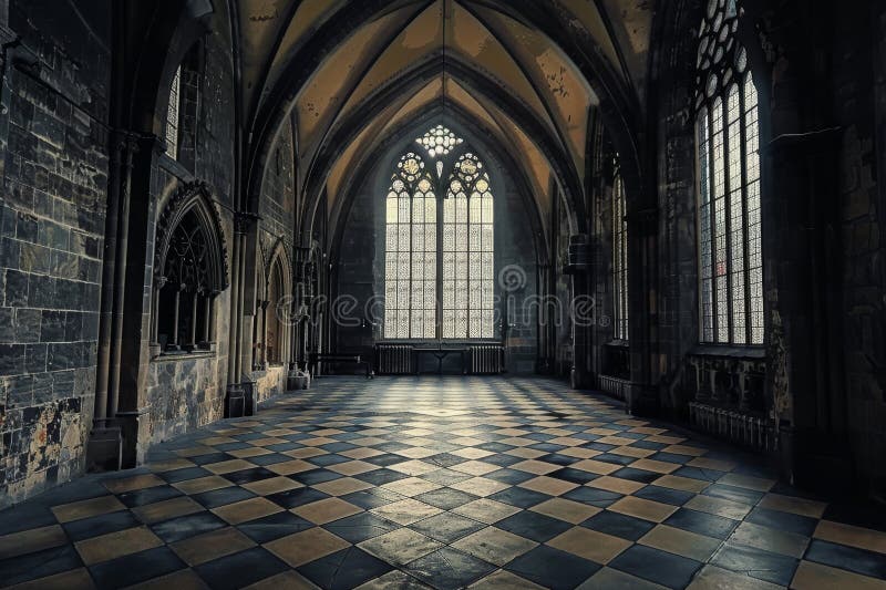An Empty Church Interior Featuring a Checkered Floor Pattern ...