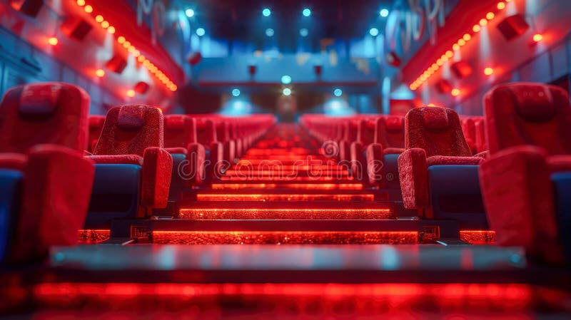 Empty Cinema Auditorium with Red Seats and Led Lights. Selective Focus ...