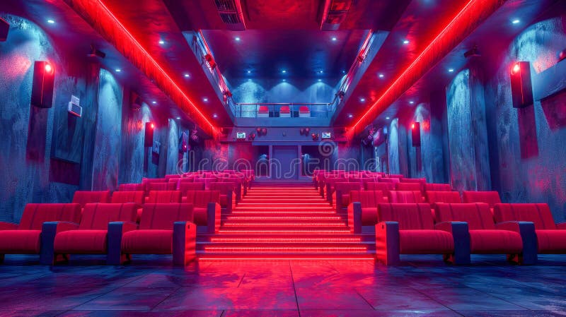 Empty Cinema Auditorium with Red Seats and Led Lights. Selective Focus ...