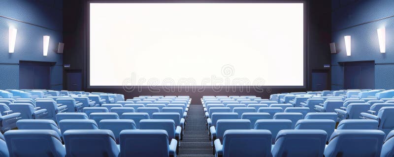 Empty Cinema Hall with Blue Seats and Large Blank Screen Stock Image ...