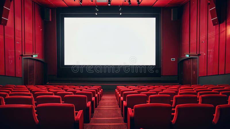 The Empty Cinema Hall Features a Striking Red Color Scheme and a White ...