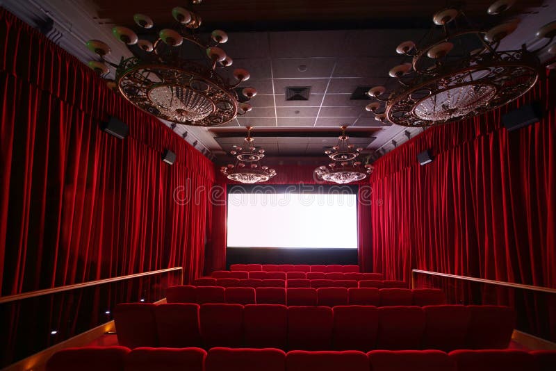 Empty Cinema Hall with Large Chandeliers and Seats Stock Image - Image ...