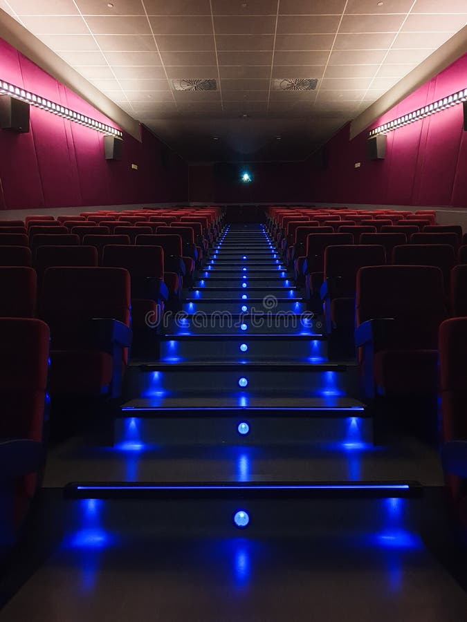 Empty Cinema Hall with Stairs and Blue Light Stock Image - Image of ...