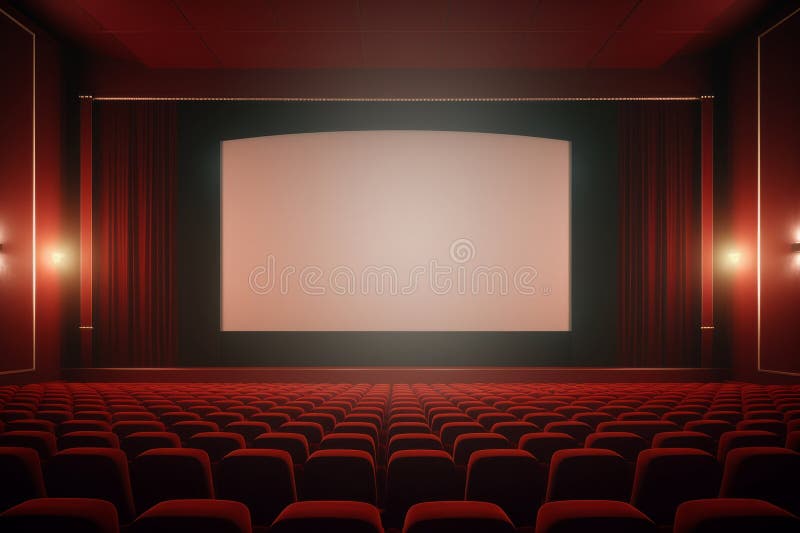 Empty Cinema in Red Color with White Blank Screen Stock Image - Image ...