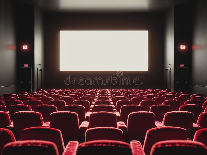 Empty Cinema with Red Velvet Seats and White Screen in Dim Light. Stock ...