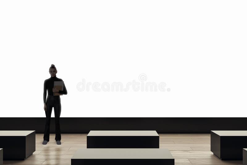 Empty Cinema Screen with a Person Holding a Notebook Standing in Front ...