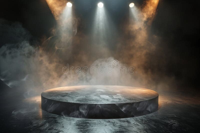 Empty Circle Stage with Illuminated Spotlights and Smoke, Stage ...