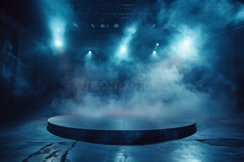 Empty Circle Stage with Illuminated Spotlights and Smoke, Stage ...