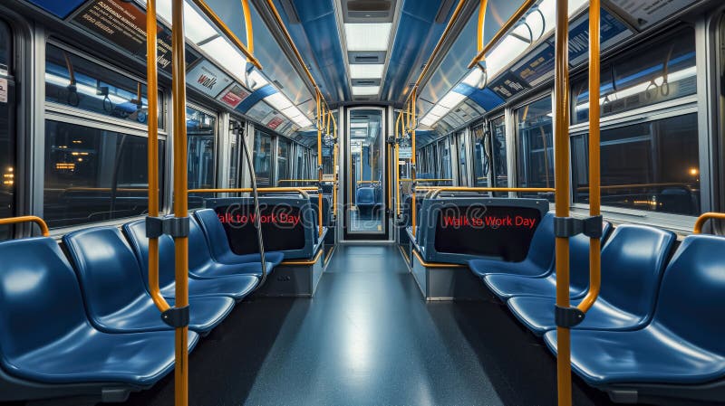 Empty City Bus Interior at Night with Bright Blue Seats and "Walk To ...