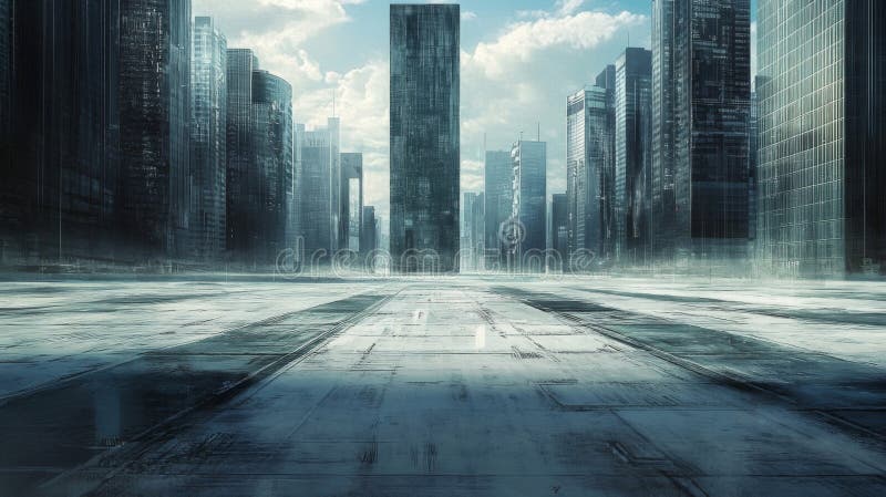 Empty City Street with Grey Skyscrapers Under a Gloomy Sky Stock Illustration - Illustration of ...