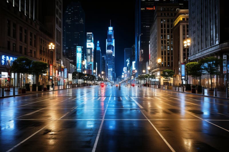 An Empty City Street at Night with Buildings in the Background Stock ...