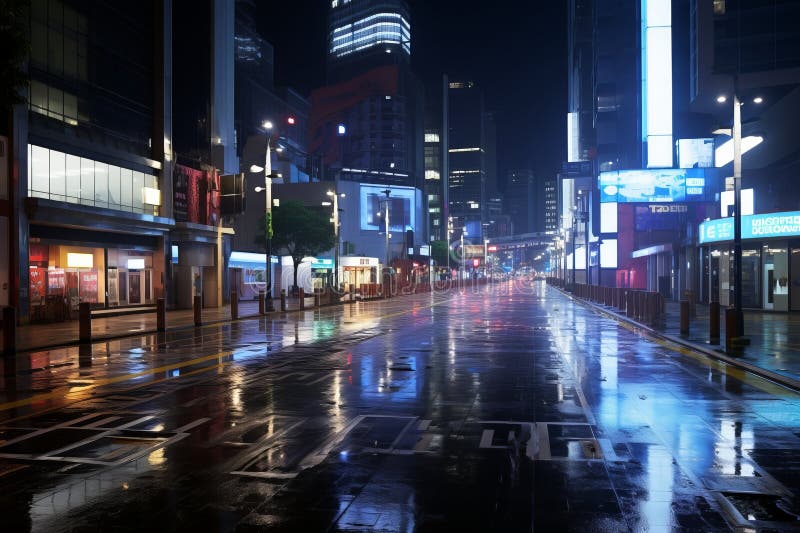 An Empty City Street at Night with Wet Pavement Stock Illustration ...