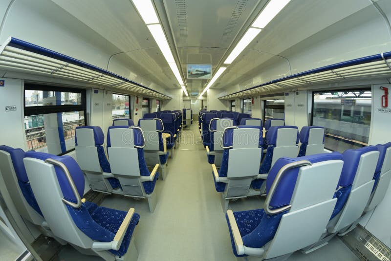 Empty 2 Class Compartment of Wagon of Commuter Train, Seats and Doors ...