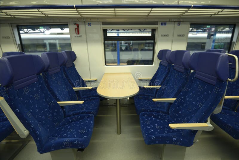 Empty 2 Class Compartment of the Wagon of Commuter Train, Seats Stock ...