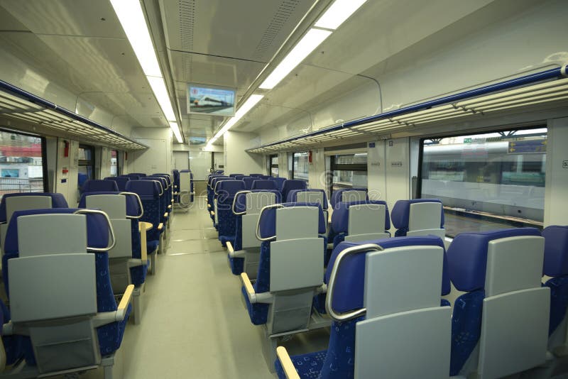 Empty 2 Class Compartment of the Wagon of Commuter Train, Seats Stock ...